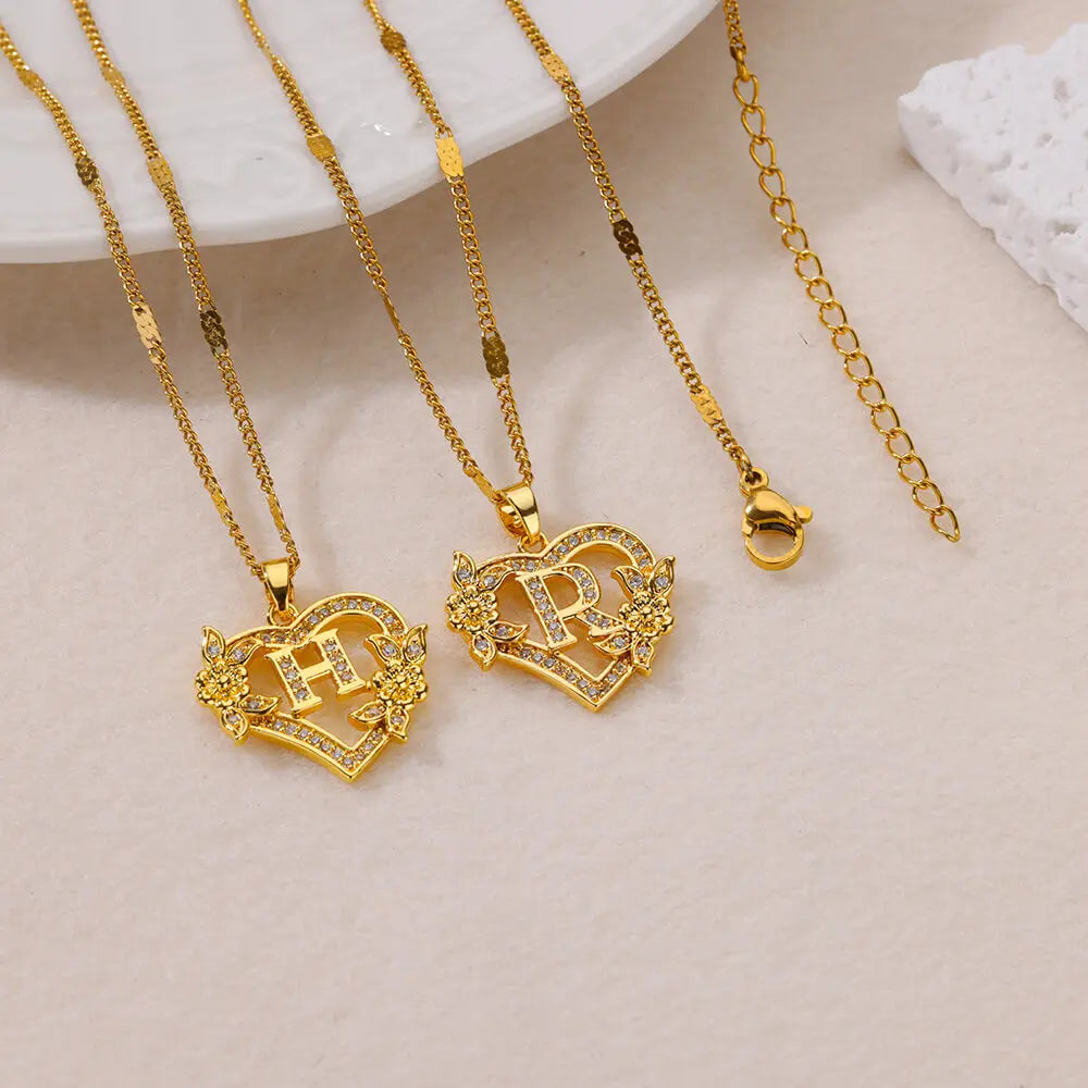 Heart Initial Letter Necklaces For Women Gold Color Stainless Steel Ch ...